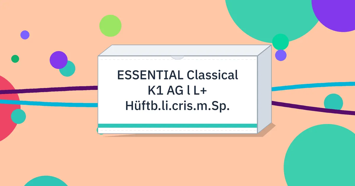 Symbolbild: Packung mit der Aufschrift ESSENTIAL Classical K1 AG l L+ Hüftb.li.cris.m.Sp. (PZN 17012220) – Verfügbarkeit und Bezug in Apotheken in Frankfurt am Main