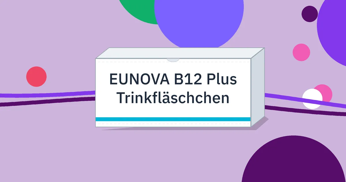 Symbolbild: Packung mit der Aufschrift EUNOVA B12 Plus Trinkfläschchen (PZN 14299936) – Verfügbarkeit und Bezug in Apotheken in Frankfurt am Main