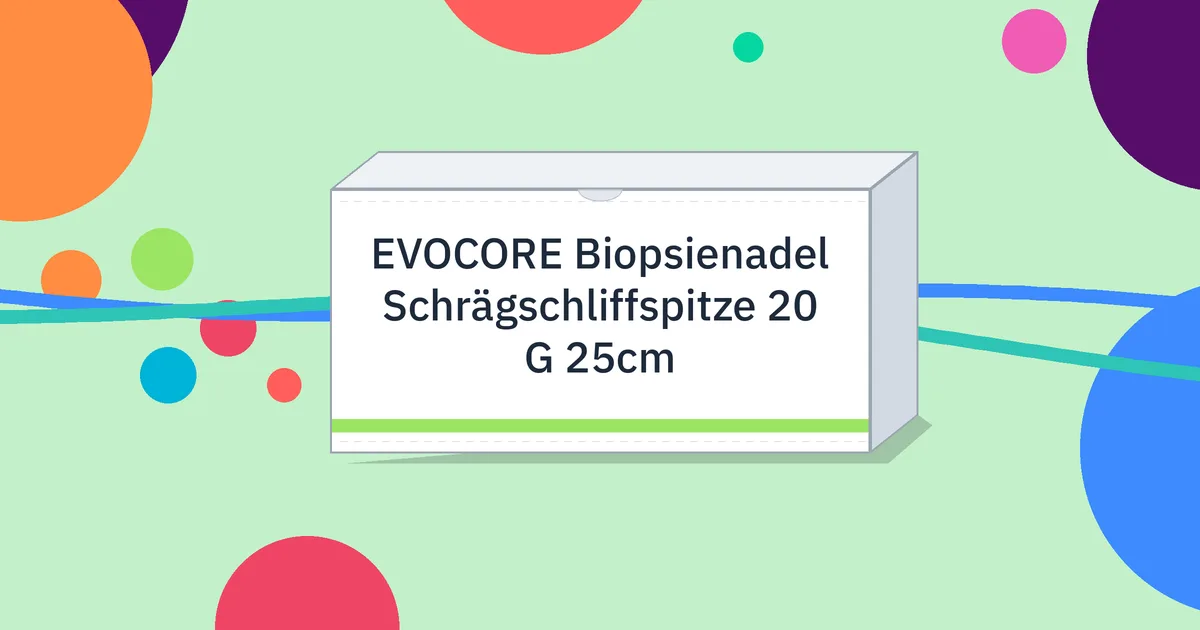 Symbolbild: Packung mit der Aufschrift EVOCORE Biopsienadel Schrägschliffspitze 20 G 25cm (PZN 11655371) – Verfügbarkeit und Bezug in Apotheken in Frankfurt am Main