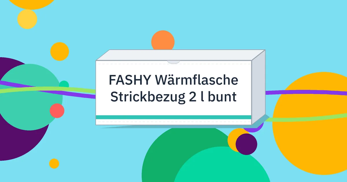 Symbolbild: Packung mit der Aufschrift FASHY Wärmflasche Strickbezug 2 l bunt (PZN 18649221) – Verfügbarkeit und Bezug in Apotheken in Frankfurt am Main