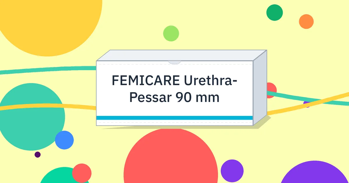 Symbolbild: Packung mit der Aufschrift FEMICARE Urethra-Pessar 90 mm (PZN 19336599) – Verfügbarkeit und Bezug in Apotheken in Frankfurt am Main