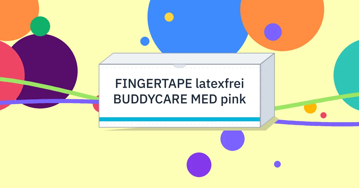 Symbolbild: Packung mit der Aufschrift FINGERTAPE latexfrei BUDDYCARE MED pink (PZN 13925107) – Verfügbarkeit und Bezug in Apotheken in Frankfurt am Main