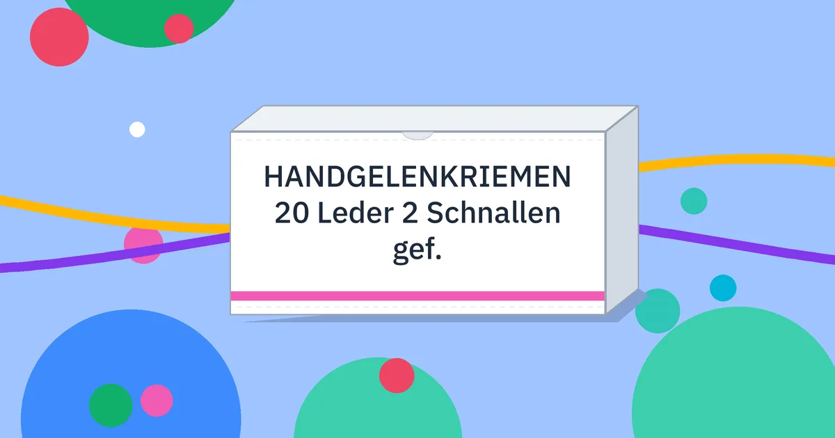 Symbolbild: Packung mit der Aufschrift HANDGELENKRIEMEN 20 Leder 2 Schnallen gef. (PZN 05397427) – Verfügbarkeit und Bezug in Apotheken in Frankfurt am Main