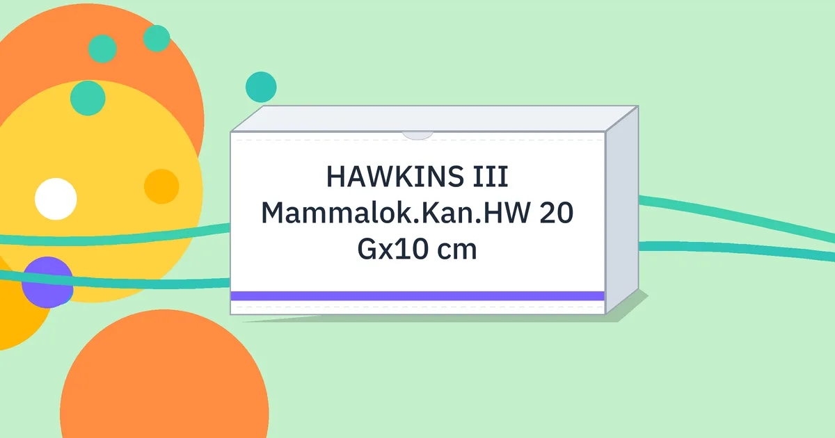 Symbolbild: Packung mit der Aufschrift HAWKINS III Mammalok.Kan.HW 20 Gx10 cm (PZN 04501727) – Verfügbarkeit und Bezug in Apotheken in Frankfurt am Main