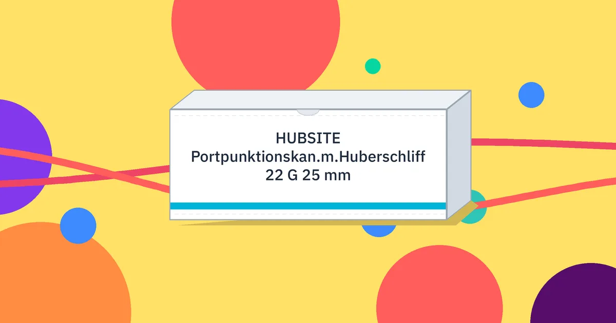 Symbolbild: Packung mit der Aufschrift HUBSITE Portpunktionskan.m.Huberschliff 22 G 25 mm (PZN 07369524) – Verfügbarkeit und Bezug in Apotheken in Frankfurt am Main