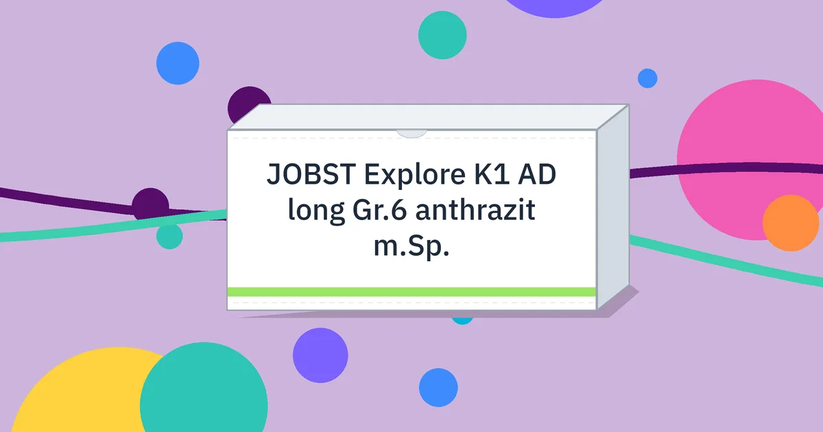 Symbolbild: Packung mit der Aufschrift JOBST Explore K1 AD long Gr.6 anthrazit m.Sp. (PZN 11021258) – Verfügbarkeit und Bezug in Apotheken in Frankfurt am Main