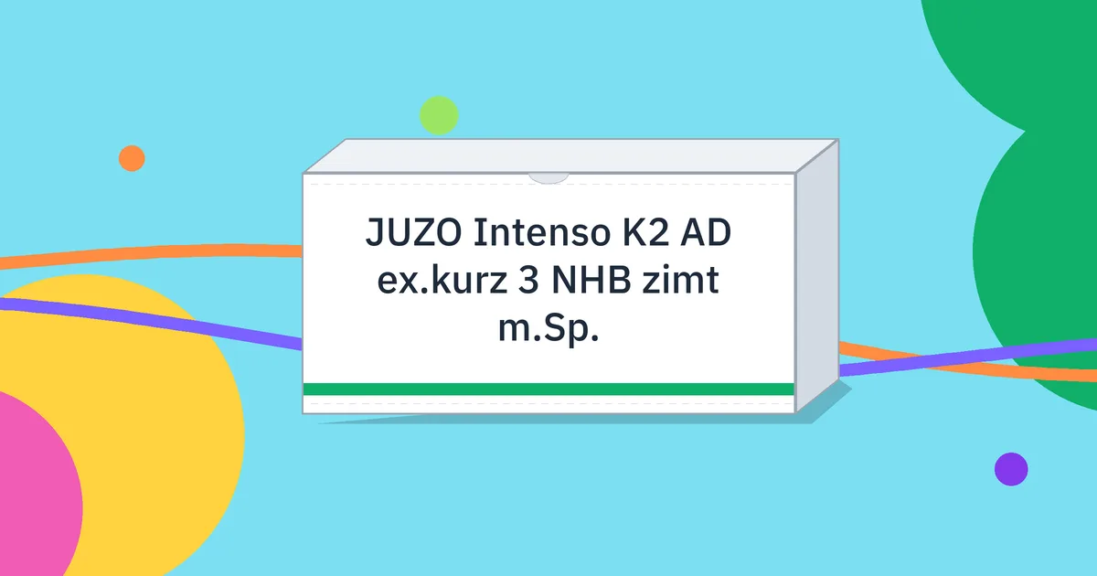 Symbolbild: Packung mit der Aufschrift JUZO Intenso K2 AD ex.kurz 3 NHB zimt m.Sp. (PZN 18611460) – Verfügbarkeit und Bezug in Apotheken in Frankfurt am Main