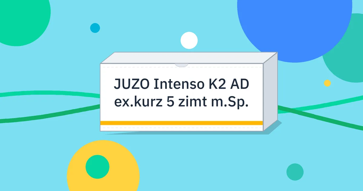 Symbolbild: Packung mit der Aufschrift JUZO Intenso K2 AD ex.kurz 5 zimt m.Sp. (PZN 18607984) – Verfügbarkeit und Bezug in Apotheken in Frankfurt am Main