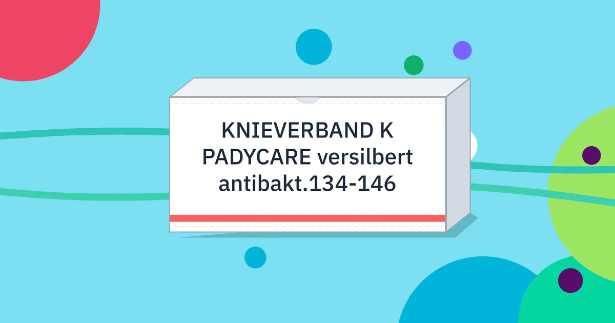 Symbolbild: Packung mit der Aufschrift KNIEVERBAND K PADYCARE versilbert antibakt.134-146 (PZN 10940187) – Verfügbarkeit und Bezug in Apotheken in Frankfurt am Main