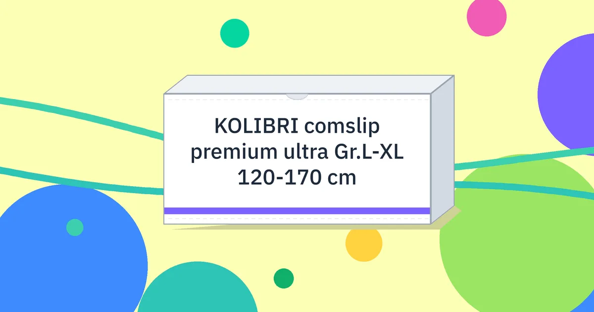 Symbolbild: Packung mit der Aufschrift KOLIBRI comslip premium ultra Gr.L-XL 120-170 cm (PZN 15564949) – Verfügbarkeit und Bezug in Apotheken in Frankfurt am Main