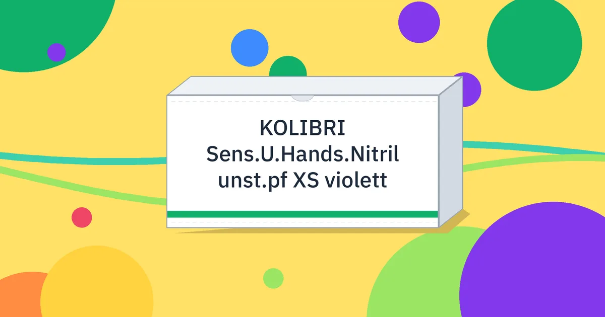 Symbolbild: Packung mit der Aufschrift KOLIBRI Sens.U.Hands.Nitril unst.pf XS violett (PZN 19507210) – Verfügbarkeit und Bezug in Apotheken in Frankfurt am Main