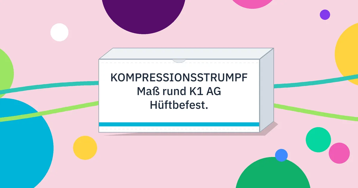 Symbolbild: Packung mit der Aufschrift KOMPRESSIONSSTRUMPF Maß rund K1 AG Hüftbefest. (PZN 10011559) – Verfügbarkeit und Bezug in Apotheken in Frankfurt am Main