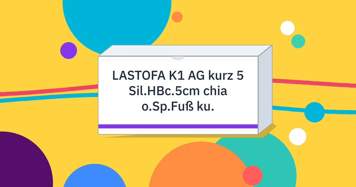 Symbolbild: Packung mit der Aufschrift LASTOFA K1 AG kurz 5 Sil.HBc.5cm chia o.Sp.Fuß ku. (PZN 13792971) – Verfügbarkeit und Bezug in Apotheken in Frankfurt am Main
