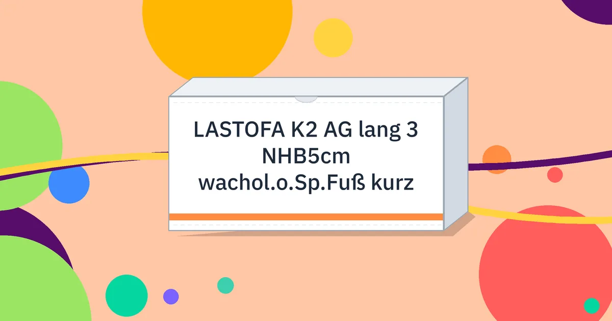 Symbolbild: Packung mit der Aufschrift LASTOFA K2 AG lang 3 NHB5cm wachol.o.Sp.Fuß kurz (PZN 13804295) – Verfügbarkeit und Bezug in Apotheken in Frankfurt am Main