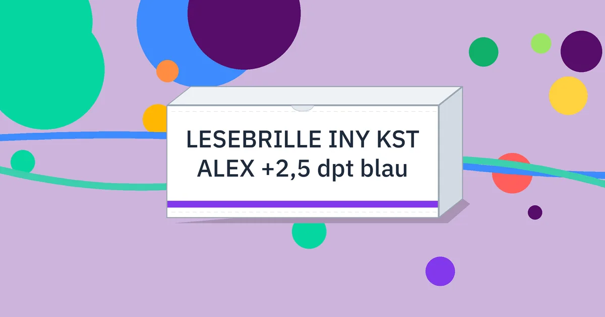 Symbolbild: Packung mit der Aufschrift LESEBRILLE INY KST ALEX +2,5 dpt blau (PZN 19941662) – Verfügbarkeit und Bezug in Apotheken in Frankfurt am Main