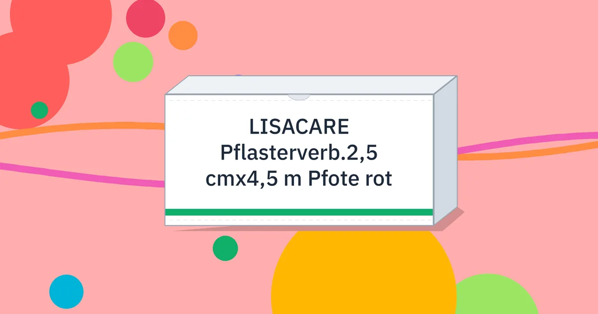 Symbolbild: Packung mit der Aufschrift LISACARE Pflasterverb.2,5 cmx4,5 m Pfote rot (PZN 17891635) – Verfügbarkeit und Bezug in Apotheken in Frankfurt am Main
