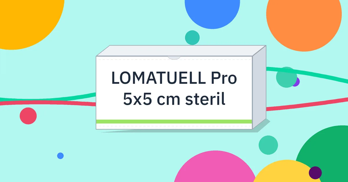 Symbolbild: Packung mit der Aufschrift LOMATUELL Pro 5x5 cm steril (PZN 19346882) – Verfügbarkeit und Bezug in Apotheken in Frankfurt am Main