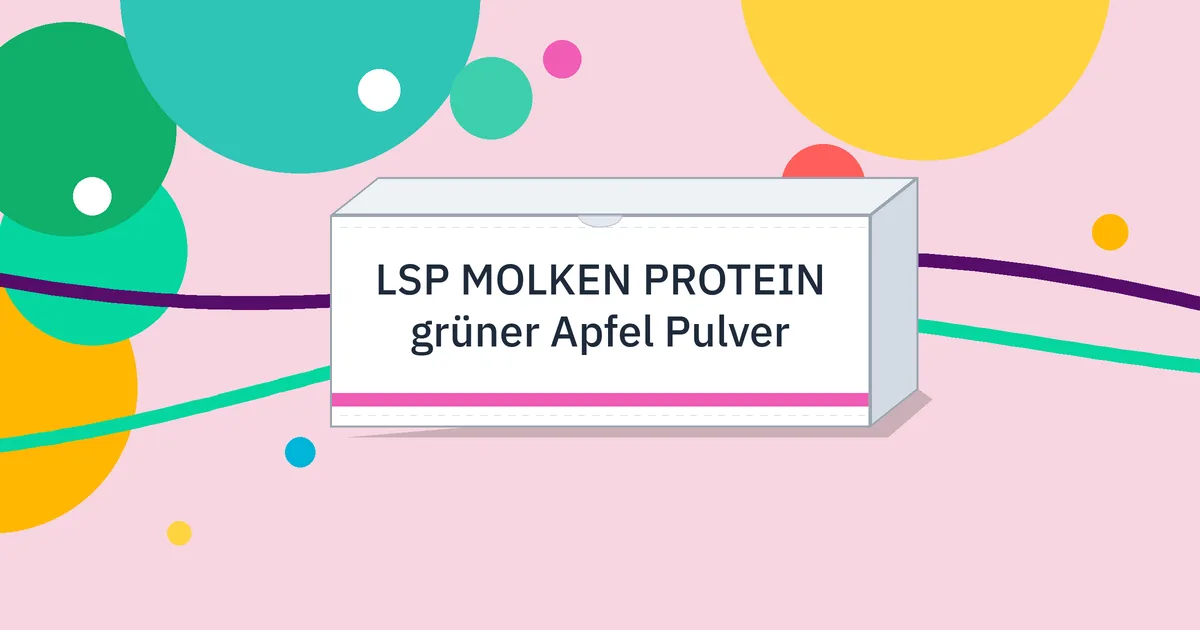 Symbolbild: Packung mit der Aufschrift LSP MOLKEN PROTEIN grüner Apfel Pulver (PZN 09725182) – Verfügbarkeit und Bezug in Apotheken in Frankfurt am Main