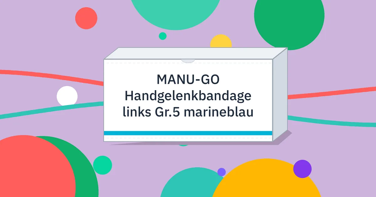 Symbolbild: Packung mit der Aufschrift MANU-GO Handgelenkbandage links Gr.5 marineblau (PZN 19742655) – Verfügbarkeit und Bezug in Apotheken in Frankfurt am Main