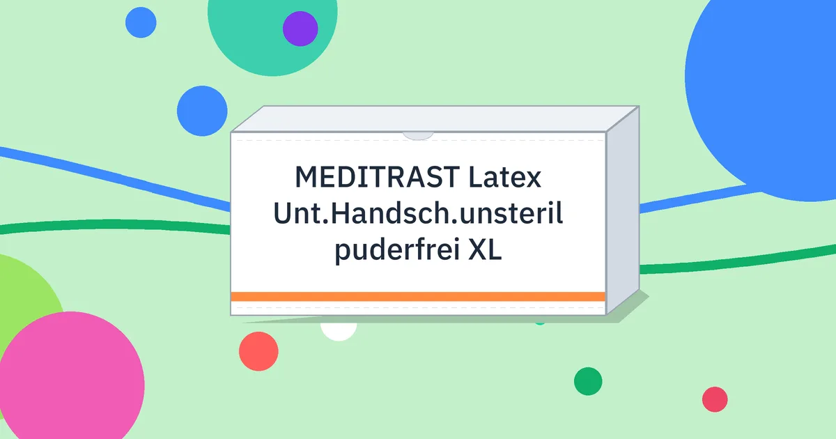 Symbolbild: Packung mit der Aufschrift MEDITRAST Latex Unt.Handsch.unsteril puderfrei XL (PZN 13511096) – Verfügbarkeit und Bezug in Apotheken in Frankfurt am Main