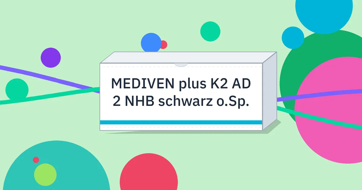 Symbolbild: Packung mit der Aufschrift MEDIVEN plus K2 AD 2 NHB schwarz o.Sp. (PZN 15937623) – Verfügbarkeit und Bezug in Apotheken in Frankfurt am Main
