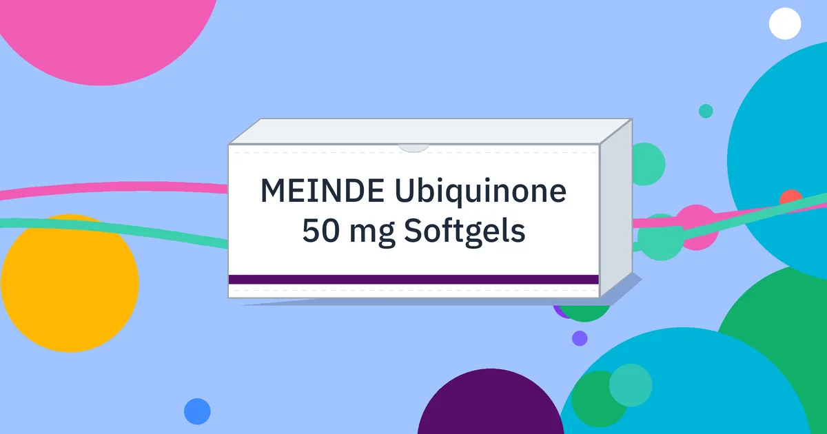 Symbolbild: Packung mit der Aufschrift MEINDE Ubiquinone 50 mg Softgels (PZN 20104049) – Verfügbarkeit und Bezug in Apotheken in Frankfurt am Main