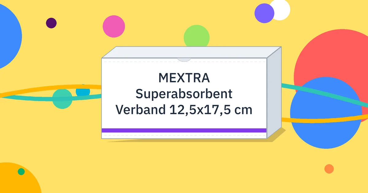 Symbolbild: Packung mit der Aufschrift MEXTRA Superabsorbent Verband 12,5x17,5 cm (PZN 19962227) – Verfügbarkeit und Bezug in Apotheken in Frankfurt am Main