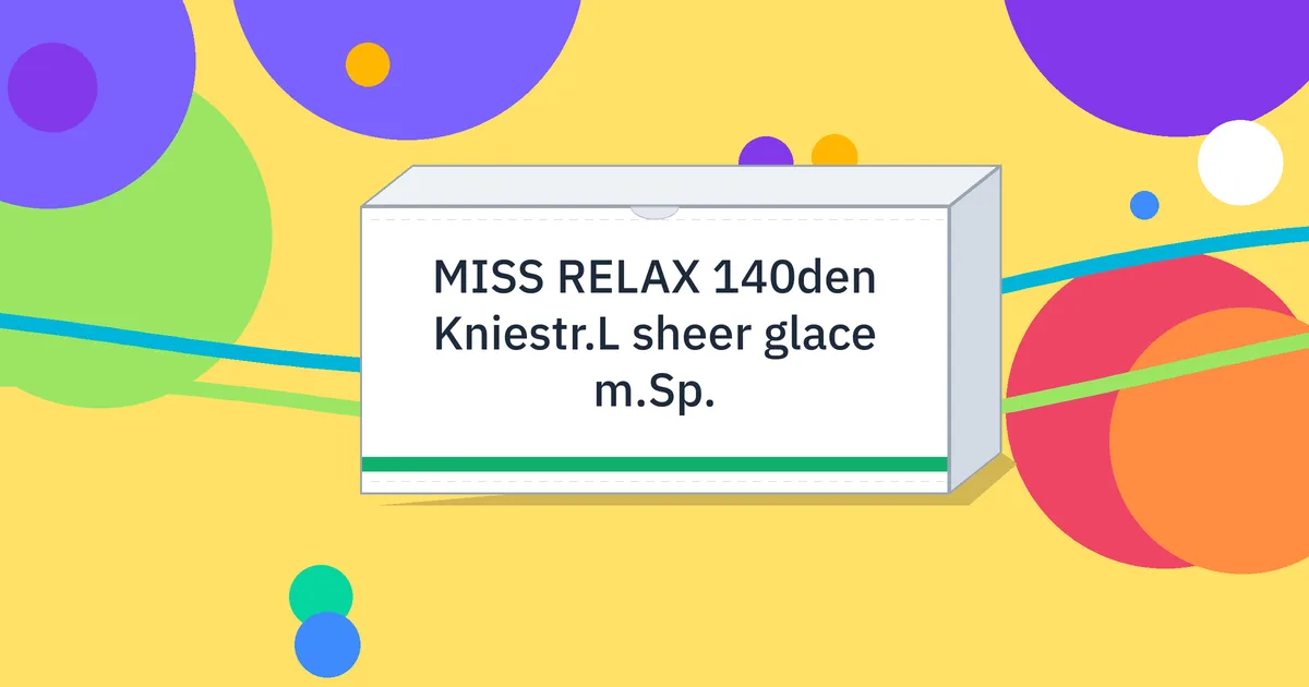 Symbolbild: Packung mit der Aufschrift MISS RELAX 140den Kniestr.L sheer glace m.Sp. (PZN 16189637) – Verfügbarkeit und Bezug in Apotheken in Frankfurt am Main