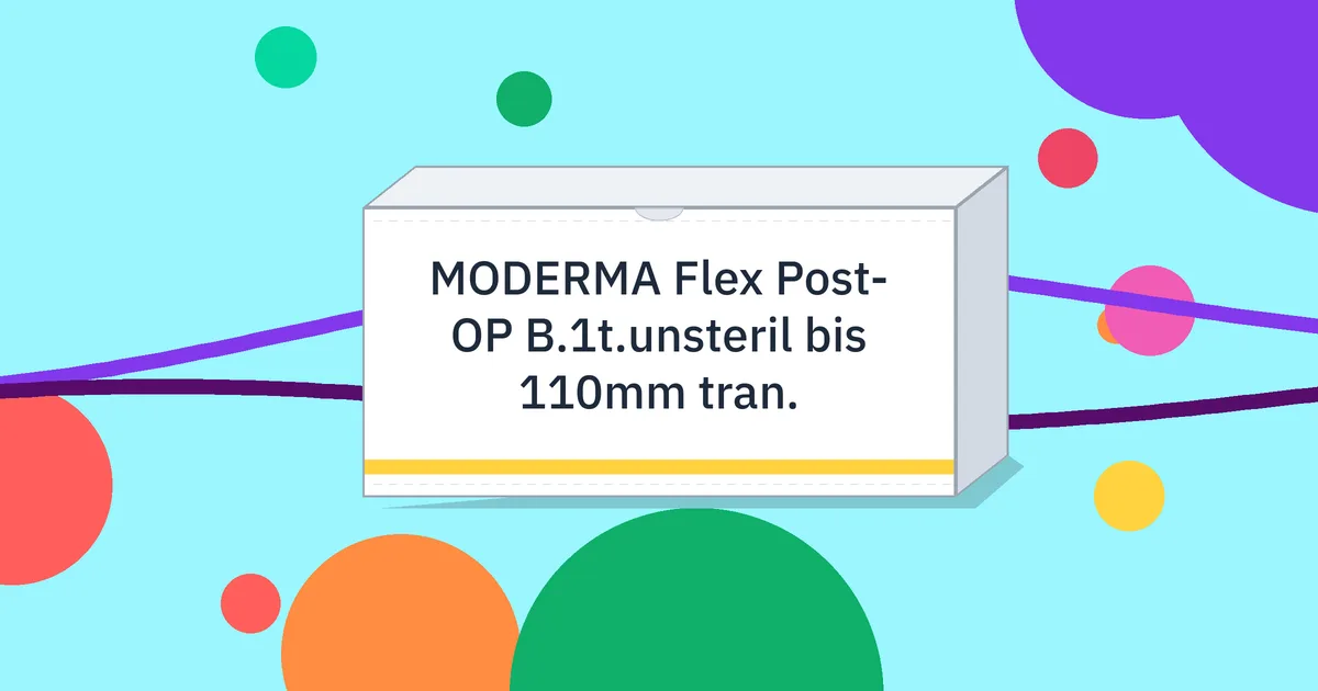 Symbolbild: Packung mit der Aufschrift MODERMA Flex Post-OP B.1t.unsteril bis 110mm tran. (PZN 04195590) – Verfügbarkeit und Bezug in Apotheken in Frankfurt am Main