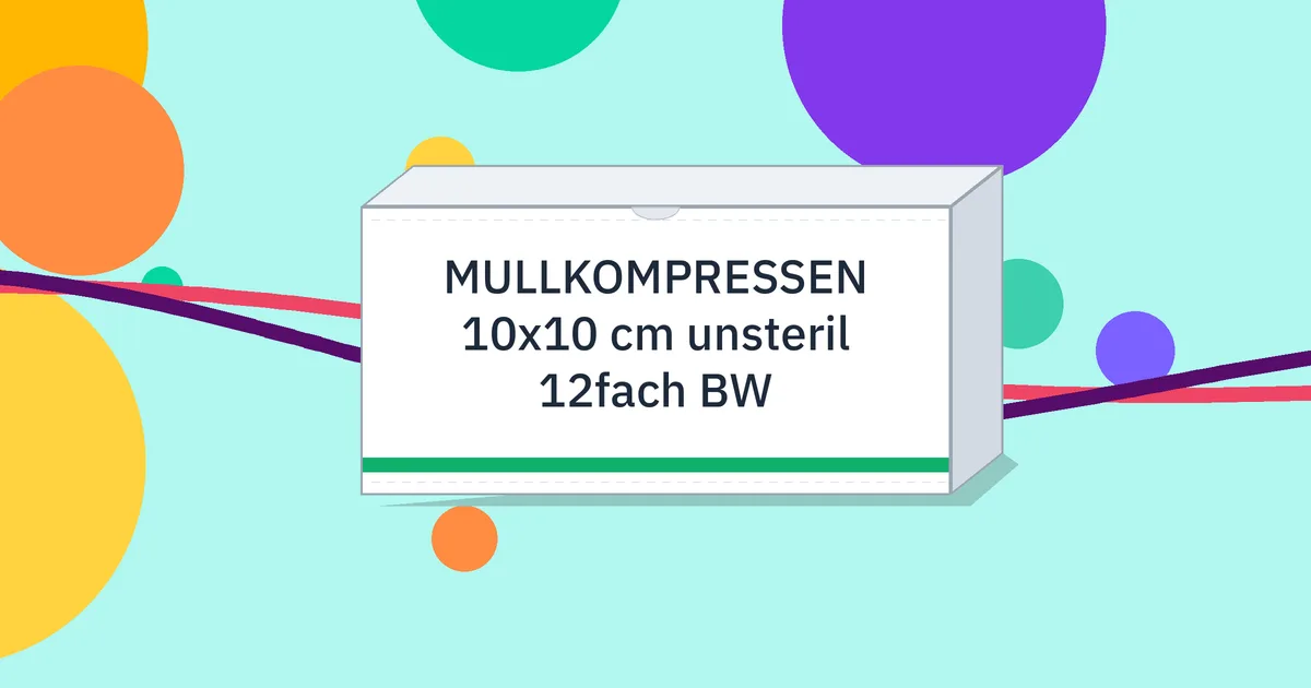 Symbolbild: Packung mit der Aufschrift MULLKOMPRESSEN 10x10 cm unsteril 12fach BW (PZN 07118437) – Verfügbarkeit und Bezug in Apotheken in Frankfurt am Main
