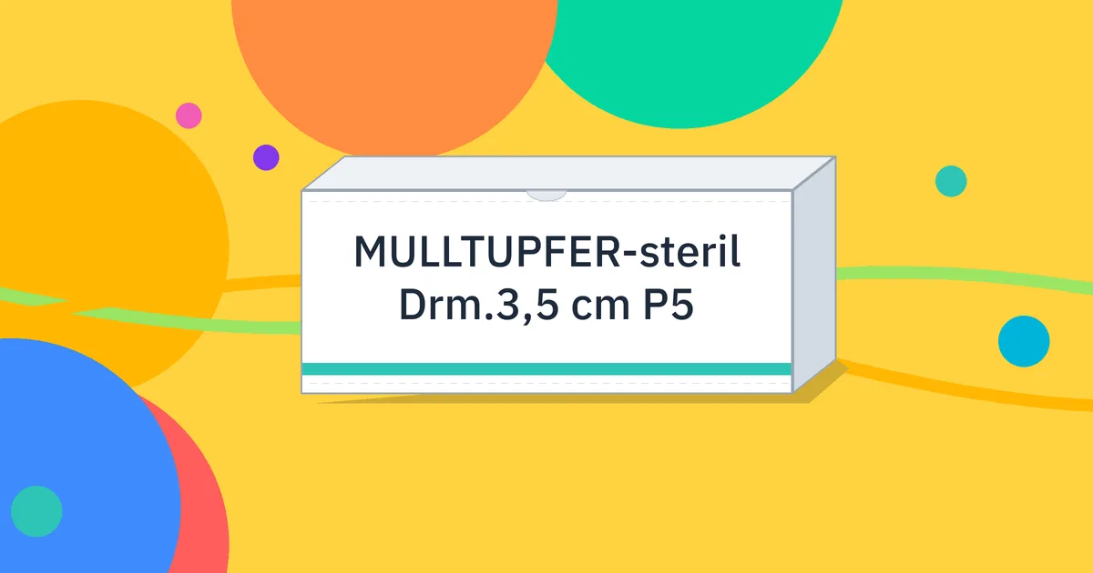 Symbolbild: Packung mit der Aufschrift MULLTUPFER-steril Drm.3,5 cm P5 (PZN 18307118) – Verfügbarkeit und Bezug in Apotheken in Frankfurt am Main
