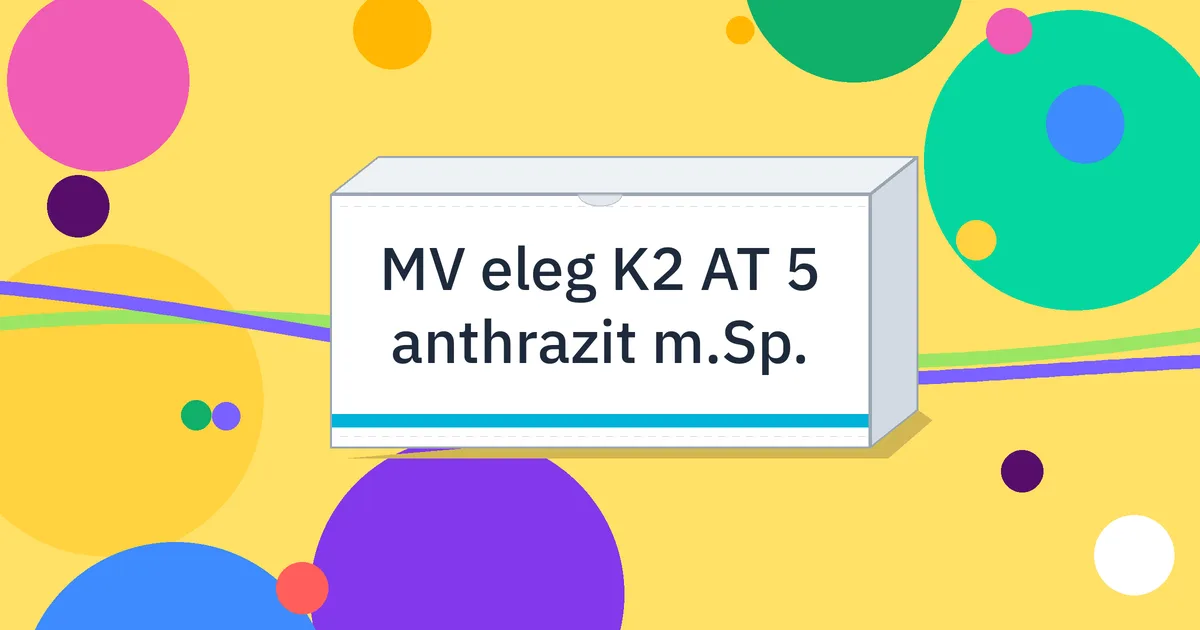 Symbolbild: Packung mit der Aufschrift MV eleg K2 AT 5 anthrazit m.Sp. (PZN 00642856) – Verfügbarkeit und Bezug in Apotheken in Frankfurt am Main