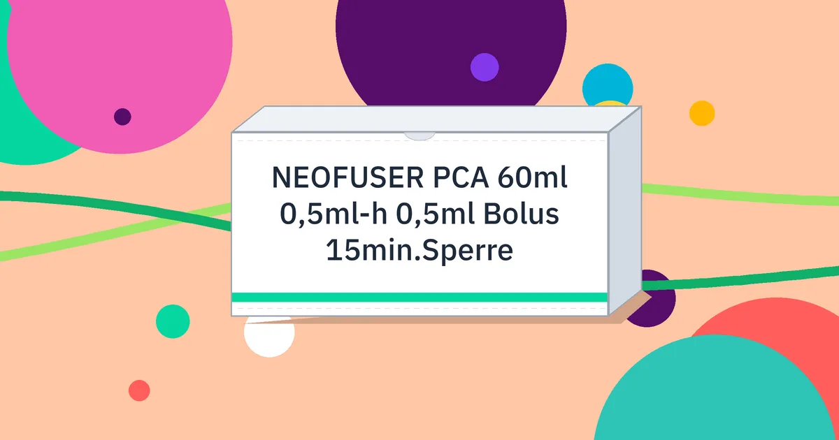 Symbolbild: Packung mit der Aufschrift NEOFUSER PCA 60ml 0,5ml-h 0,5ml Bolus 15min.Sperre (PZN 16512475) – Verfügbarkeit und Bezug in Apotheken in Frankfurt am Main