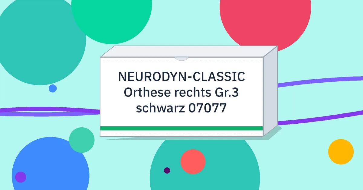 Symbolbild: Packung mit der Aufschrift NEURODYN-CLASSIC Orthese rechts Gr.3 schwarz 07077 (PZN 05017442) – Verfügbarkeit und Bezug in Apotheken in Frankfurt am Main