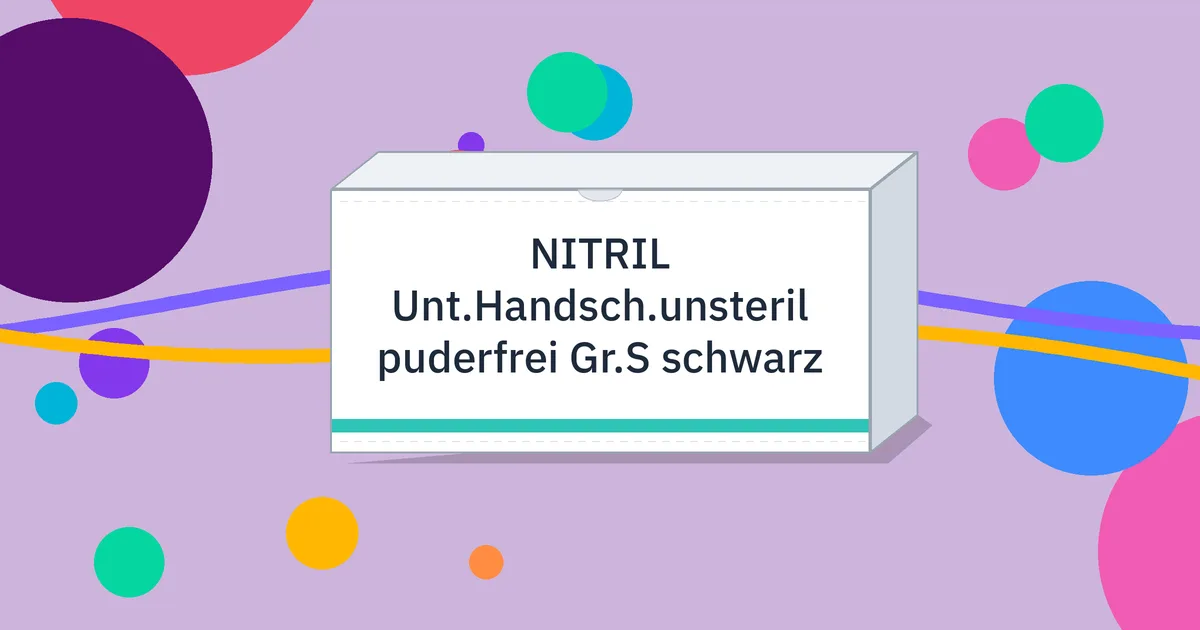 Symbolbild: Packung mit der Aufschrift NITRIL Unt.Handsch.unsteril puderfrei Gr.S schwarz (PZN 13351103) – Verfügbarkeit und Bezug in Apotheken in Frankfurt am Main