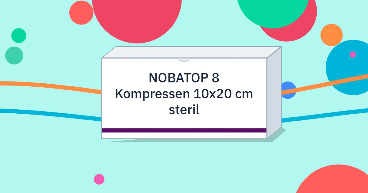 Symbolbild: Packung mit der Aufschrift NOBATOP 8 Kompressen 10x20 cm steril (PZN 07385641) – Verfügbarkeit und Bezug in Apotheken in Frankfurt am Main