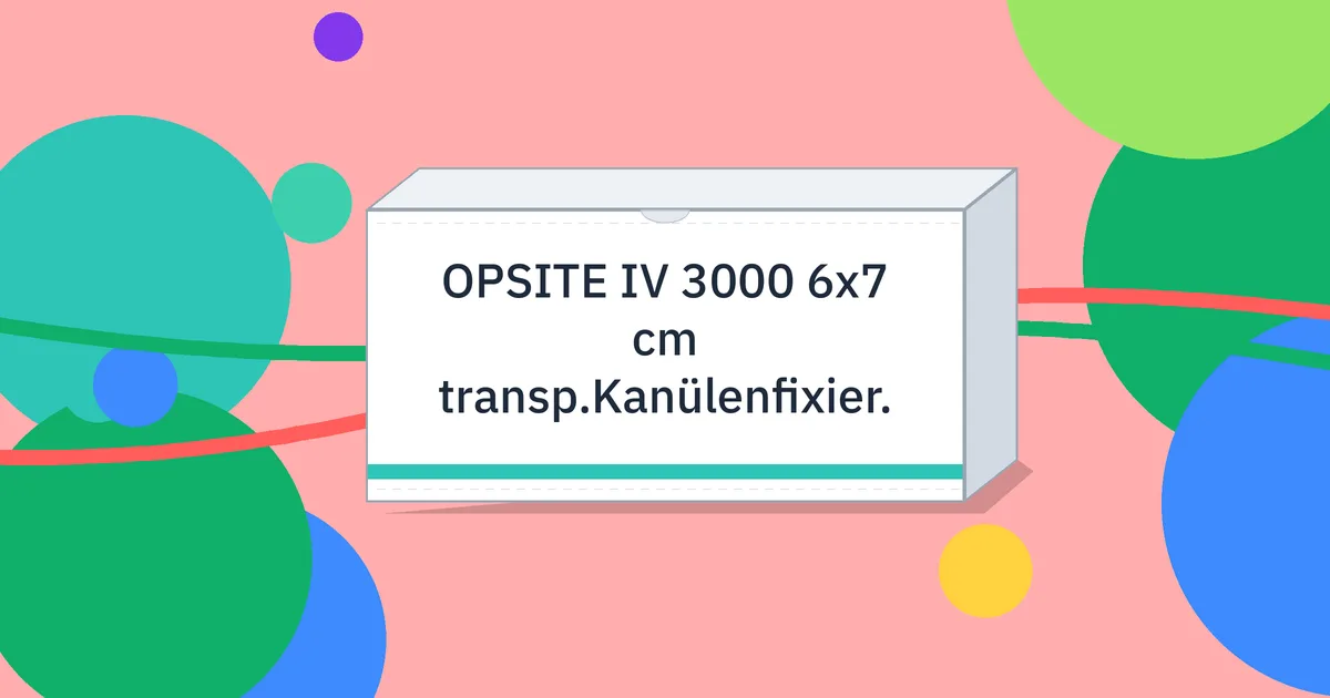 Symbolbild: Packung mit der Aufschrift OPSITE IV 3000 6x7 cm transp.Kanülenfixier. (PZN 19918835) – Verfügbarkeit und Bezug in Apotheken in Frankfurt am Main