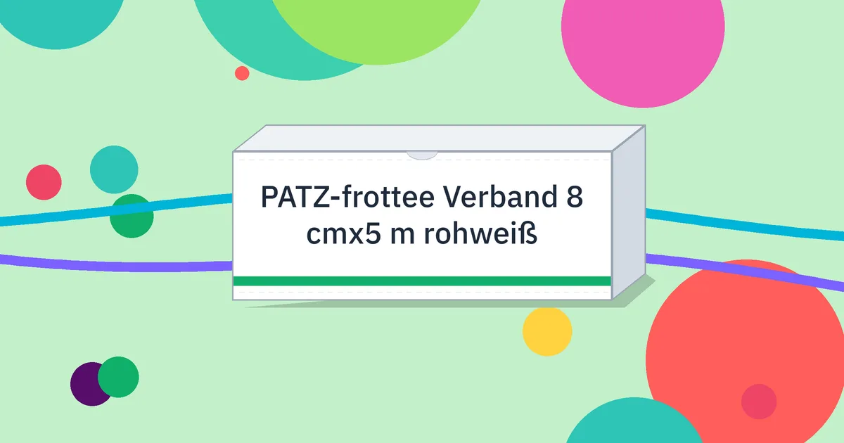 Symbolbild: Packung mit der Aufschrift PATZ-frottee Verband 8 cmx5 m rohweiß (PZN 06815370) – Verfügbarkeit und Bezug in Apotheken in Frankfurt am Main
