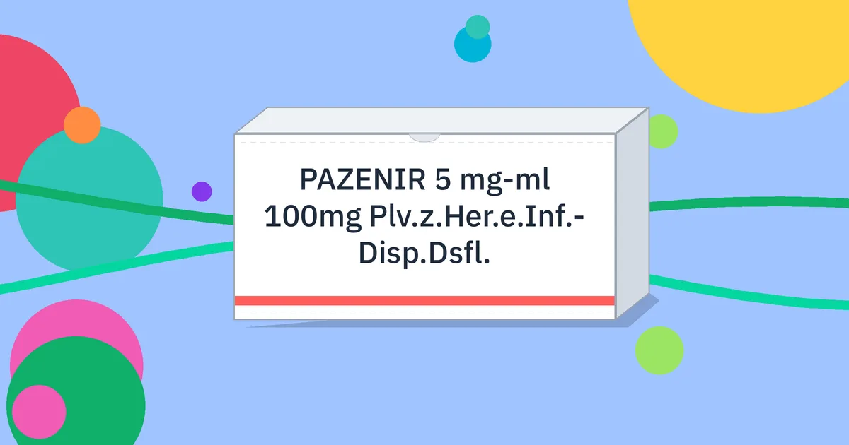 Symbolbild: Packung mit der Aufschrift PAZENIR 5 mg-ml 100mg Plv.z.Her.e.Inf.-Disp.Dsfl. (PZN 17942309) – Verfügbarkeit und Bezug in Apotheken in Frankfurt am Main