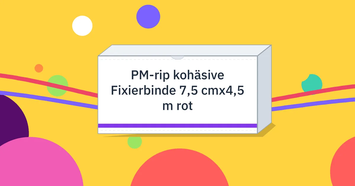 Symbolbild: Packung mit der Aufschrift PM-rip kohäsive Fixierbinde 7,5 cmx4,5 m rot (PZN 18845264) – Verfügbarkeit und Bezug in Apotheken in Frankfurt am Main