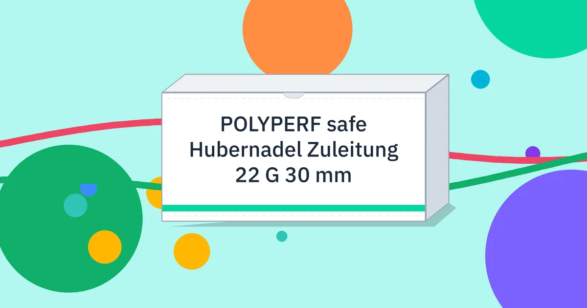 Symbolbild: Packung mit der Aufschrift POLYPERF safe Hubernadel Zuleitung 22 G 30 mm (PZN 13866445) – Verfügbarkeit und Bezug in Apotheken in Frankfurt am Main