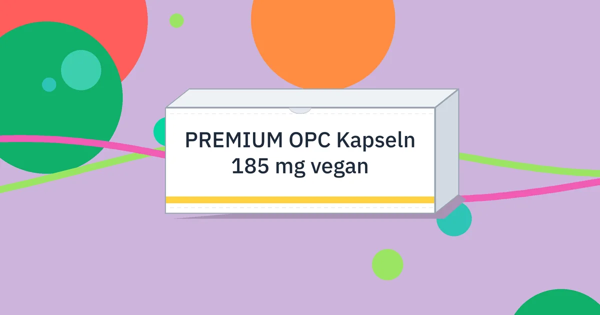 Symbolbild: Packung mit der Aufschrift PREMIUM OPC Kapseln 185 mg vegan (PZN 18063366) – Verfügbarkeit und Bezug in Apotheken in Frankfurt am Main