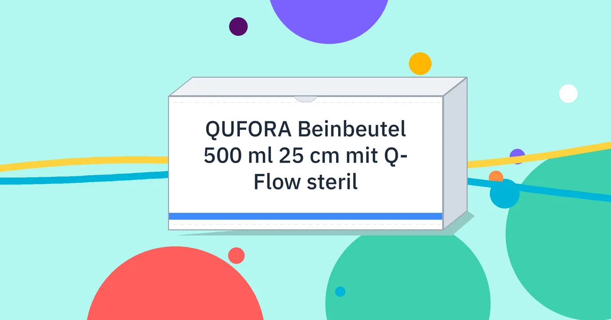 Symbolbild: Packung mit der Aufschrift QUFORA Beinbeutel 500 ml 25 cm mit Q-Flow steril (PZN 09543541) – Verfügbarkeit und Bezug in Apotheken in Frankfurt am Main