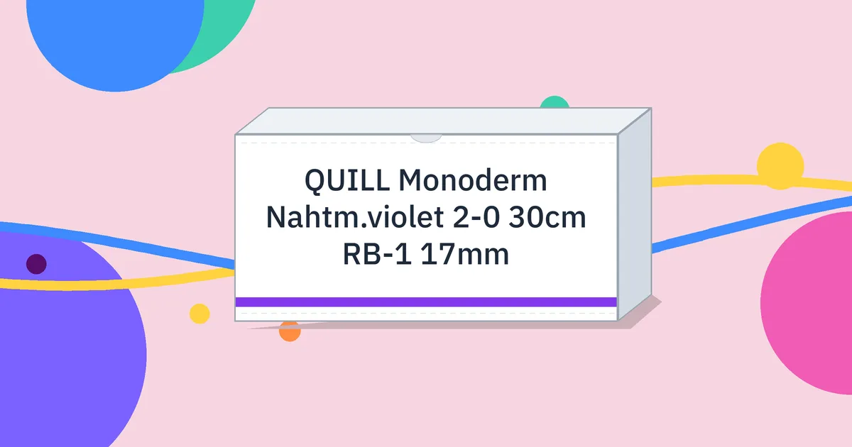 Symbolbild: Packung mit der Aufschrift QUILL Monoderm Nahtm.violet 2-0 30cm RB-1 17mm (PZN 17987890) – Verfügbarkeit und Bezug in Apotheken in Frankfurt am Main