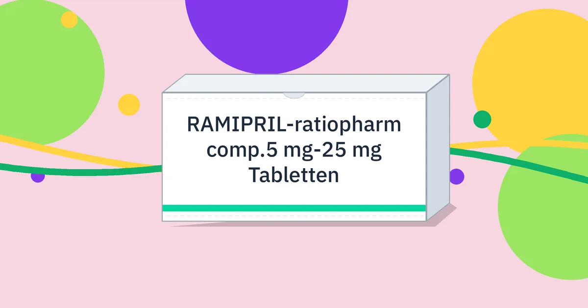 Symbolbild: Packung mit der Aufschrift RAMIPRIL-ratiopharm comp.5 mg-25 mg Tabletten (PZN 02355167) – Verfügbarkeit und Bezug in Apotheken in Frankfurt am Main