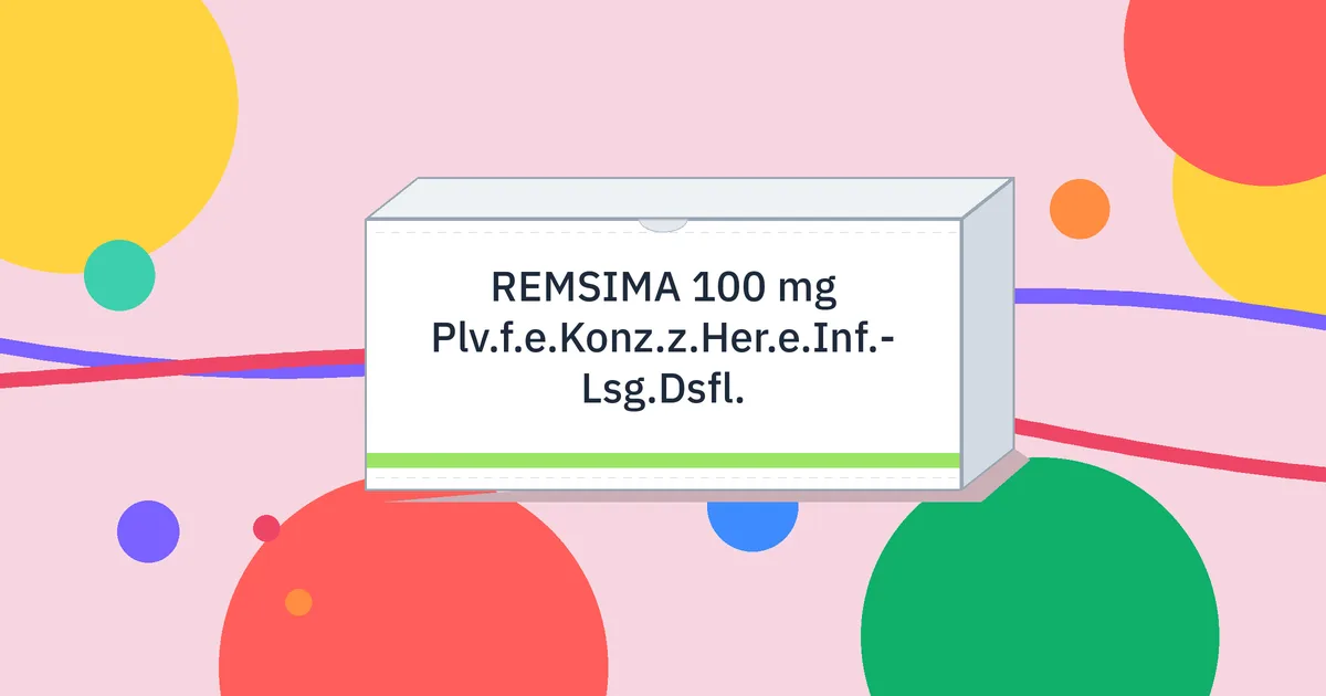 Symbolbild: Packung mit der Aufschrift REMSIMA 100 mg Plv.f.e.Konz.z.Her.e.Inf.-Lsg.Dsfl. (PZN 15896485) – Verfügbarkeit und Bezug in Apotheken in Frankfurt am Main