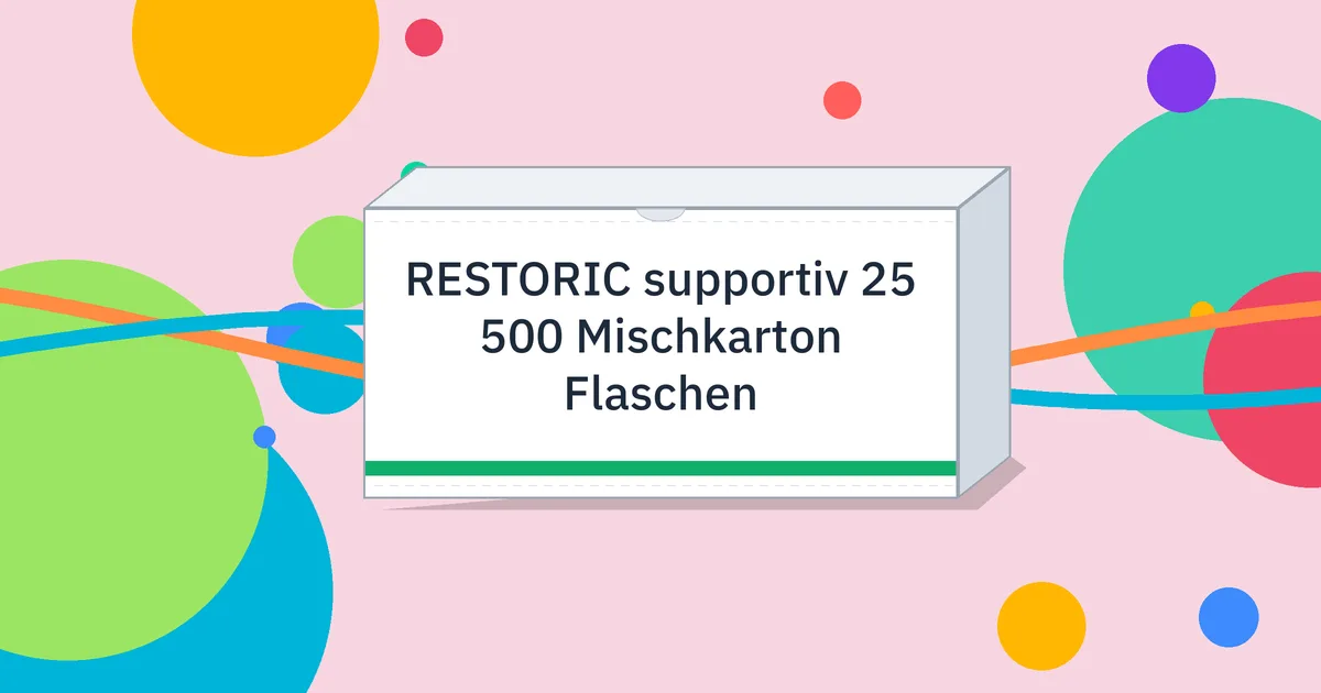 Symbolbild: Packung mit der Aufschrift RESTORIC supportiv 25 500 Mischkarton Flaschen (PZN 18795709) – Verfügbarkeit und Bezug in Apotheken in Frankfurt am Main