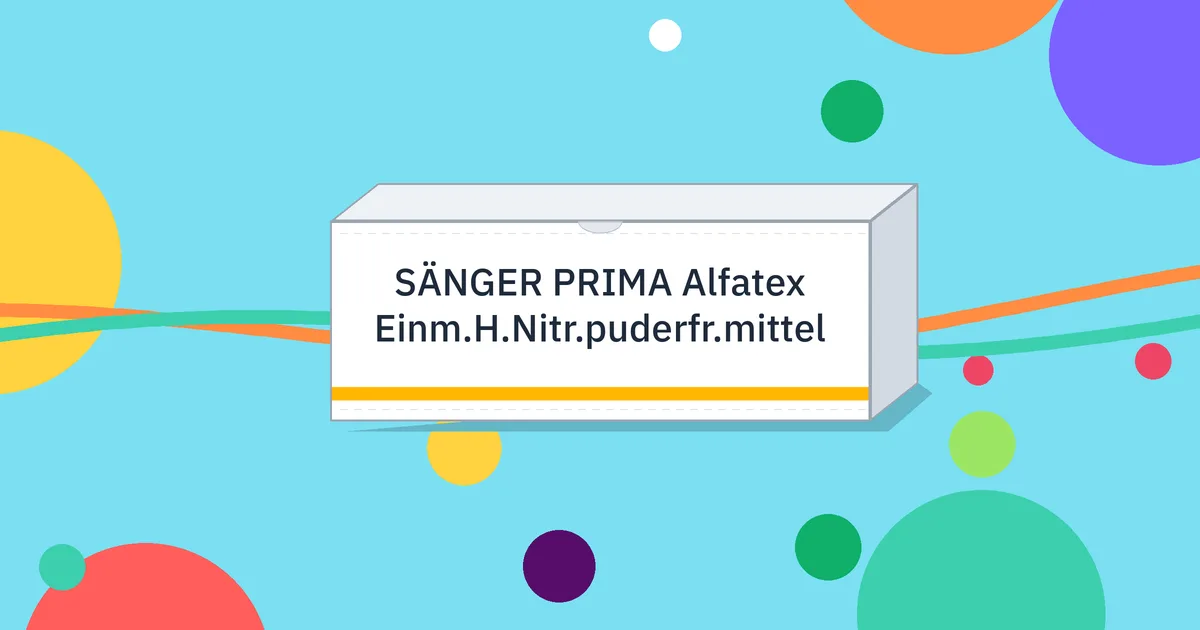 Symbolbild: Packung mit der Aufschrift SÄNGER PRIMA Alfatex Einm.H.Nitr.puderfr.mittel (PZN 00288923) – Verfügbarkeit und Bezug in Apotheken in Frankfurt am Main
