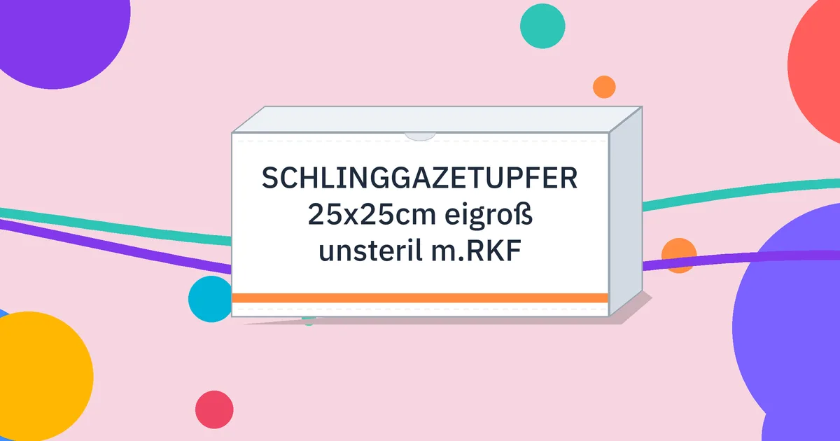 Symbolbild: Packung mit der Aufschrift SCHLINGGAZETUPFER 25x25cm eigroß unsteril m.RKF (PZN 06953899) – Verfügbarkeit und Bezug in Apotheken in Frankfurt am Main