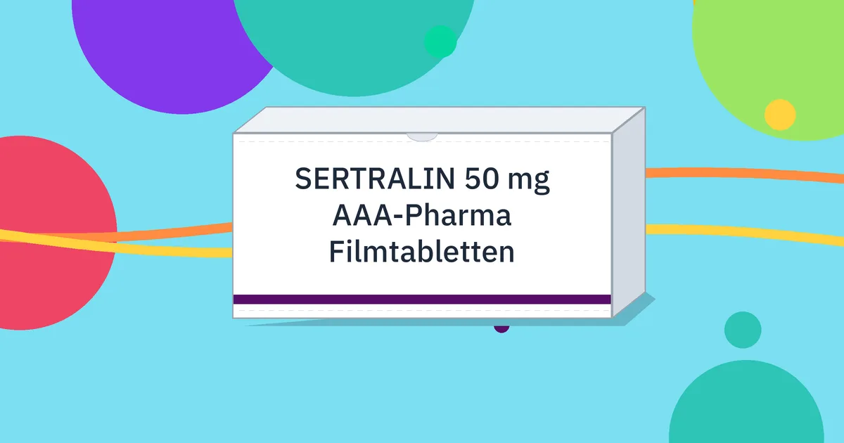 Symbolbild: Packung mit der Aufschrift SERTRALIN 50 mg AAA-Pharma Filmtabletten (PZN 02619755) – Verfügbarkeit und Bezug in Apotheken in Frankfurt am Main